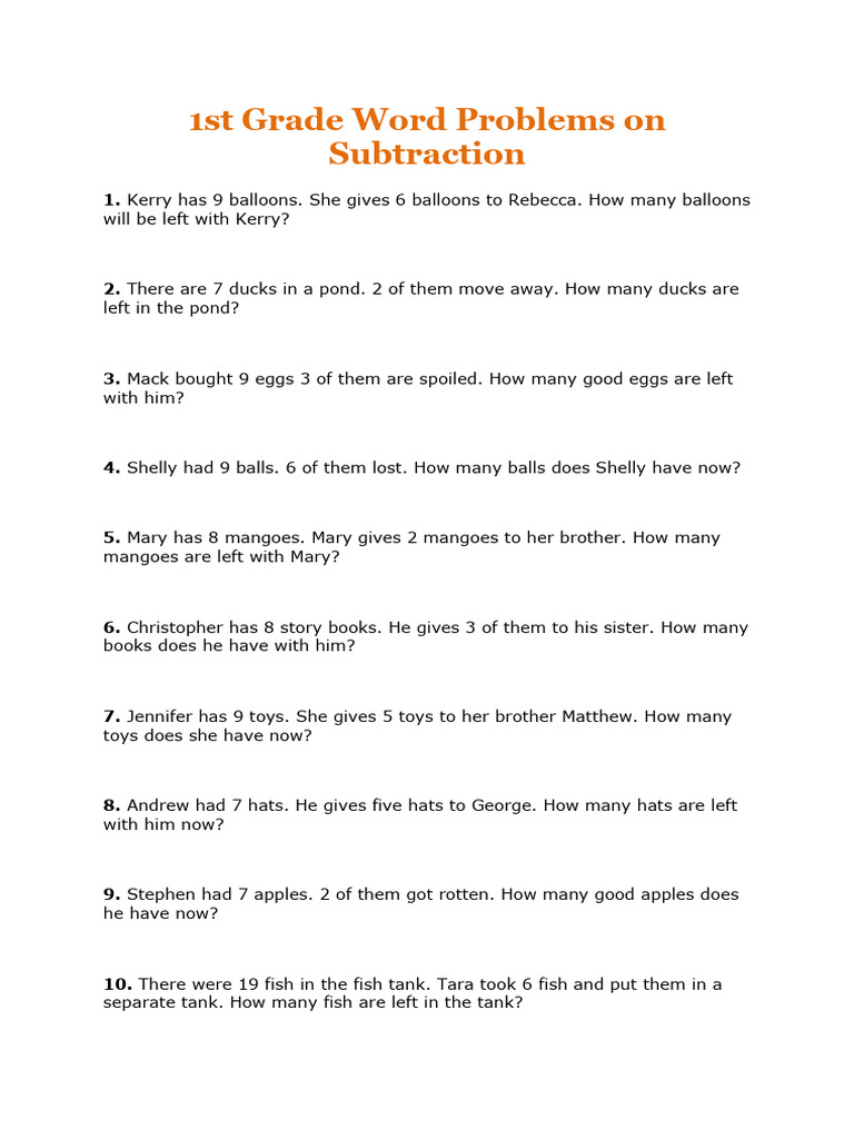 1st Grade Word Problems On Subtraction | PDF