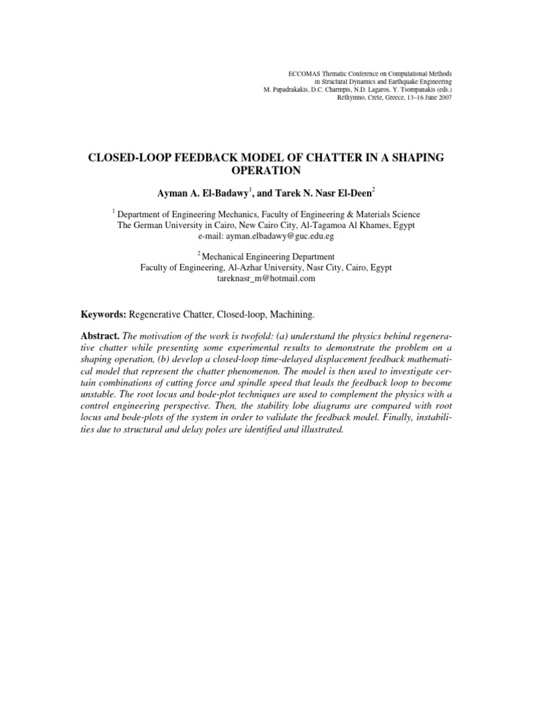 Closed-loop Feedback Model of Chatter in a Shaping | PDF | Mechanical ...