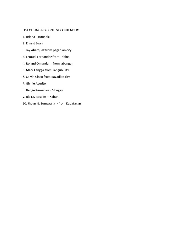 Singing Contest Contenders List | PDF