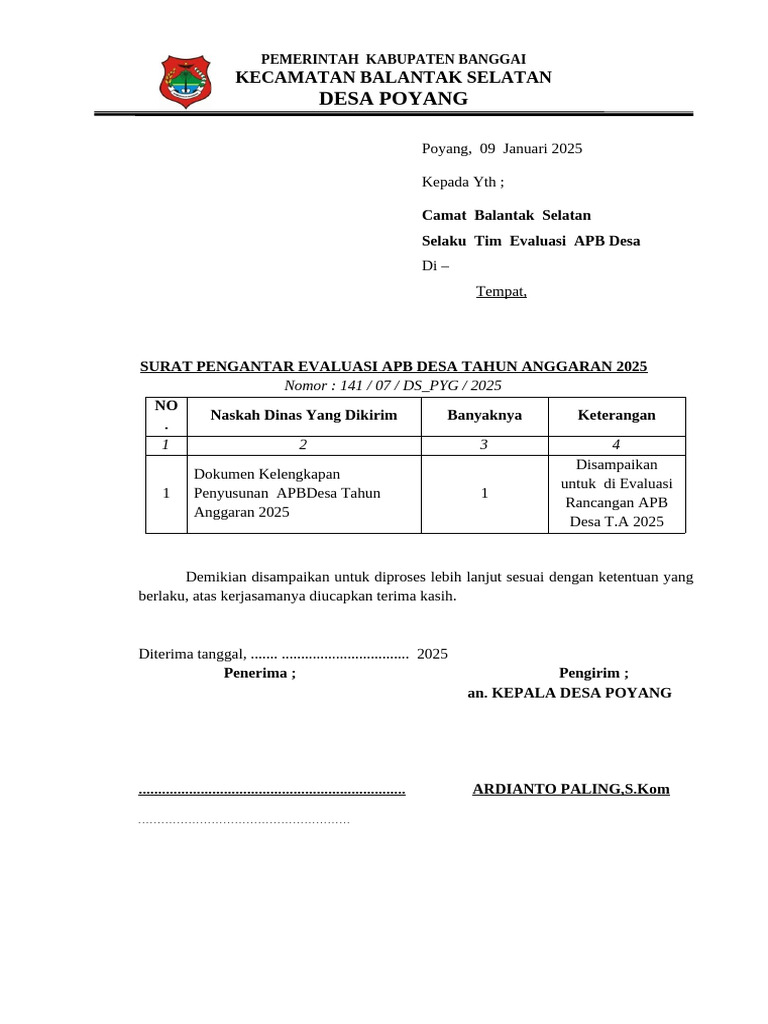 07. SURAT PENGANTAR EVALUASI APB DESA TAHUN ANGGARAN 2025 | PDF