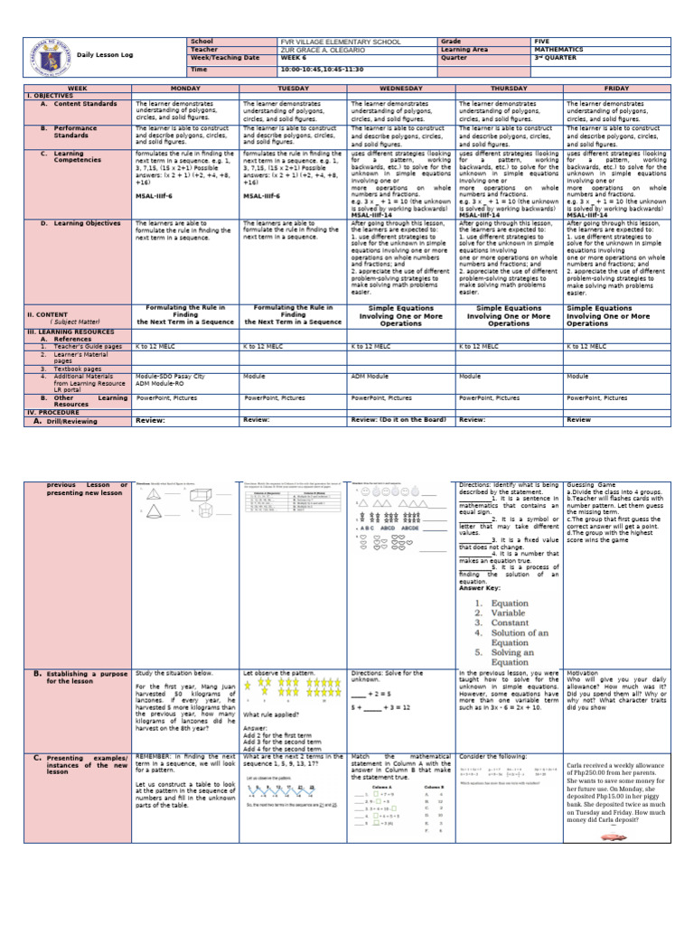 Dll Mathematics 5 w6 q3 | PDF | Equations | Variable (Mathematics)