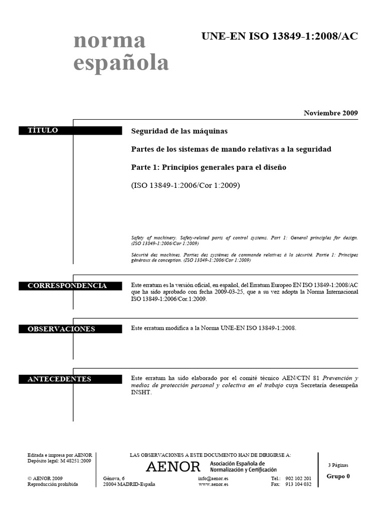 UNE-EN - ISO - 13849-1 2008 (AC 2009) - Seguridad Sistemas de Mando | PDF