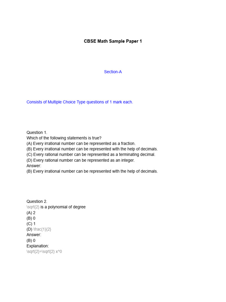 CBSE Math Sample Paper 1 | PDF | Rectangle | Perpendicular
