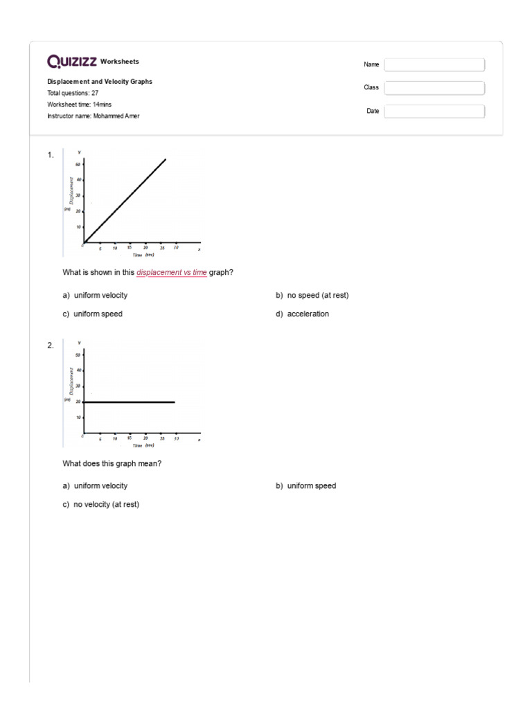 Displacement and Velocity Graphs - Worksheet | PDF | Acceleration ...