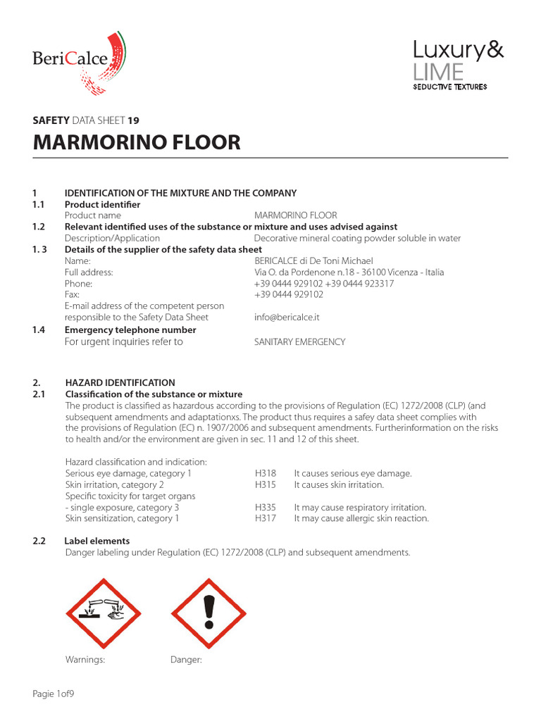 19_SDS_CLP_Marmorino_Floor | PDF | Dangerous Goods | Safety