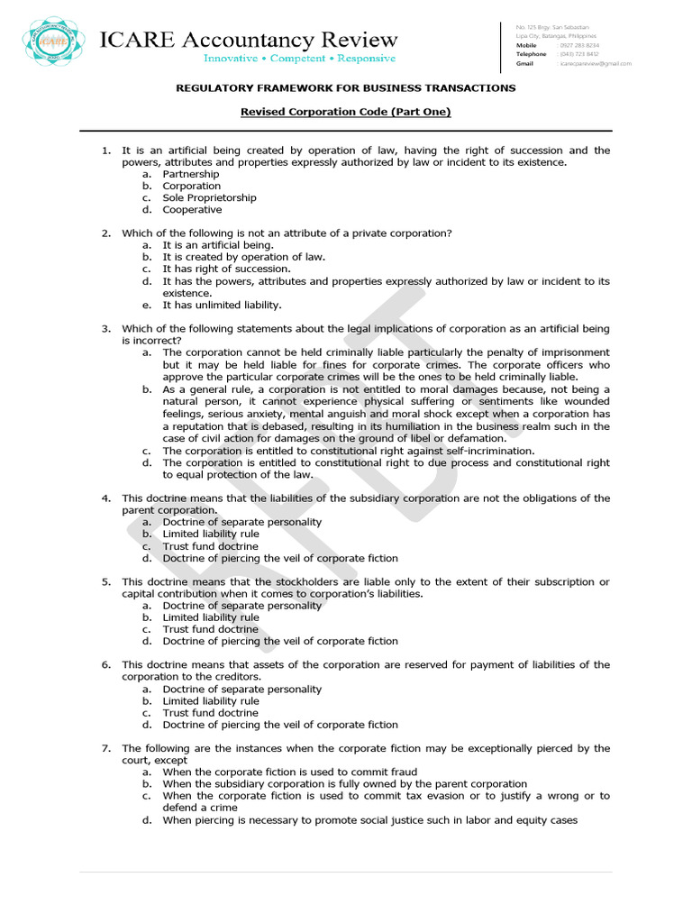 RFBT Corporation Quizzer 1 | PDF | Corporations | Limited Liability