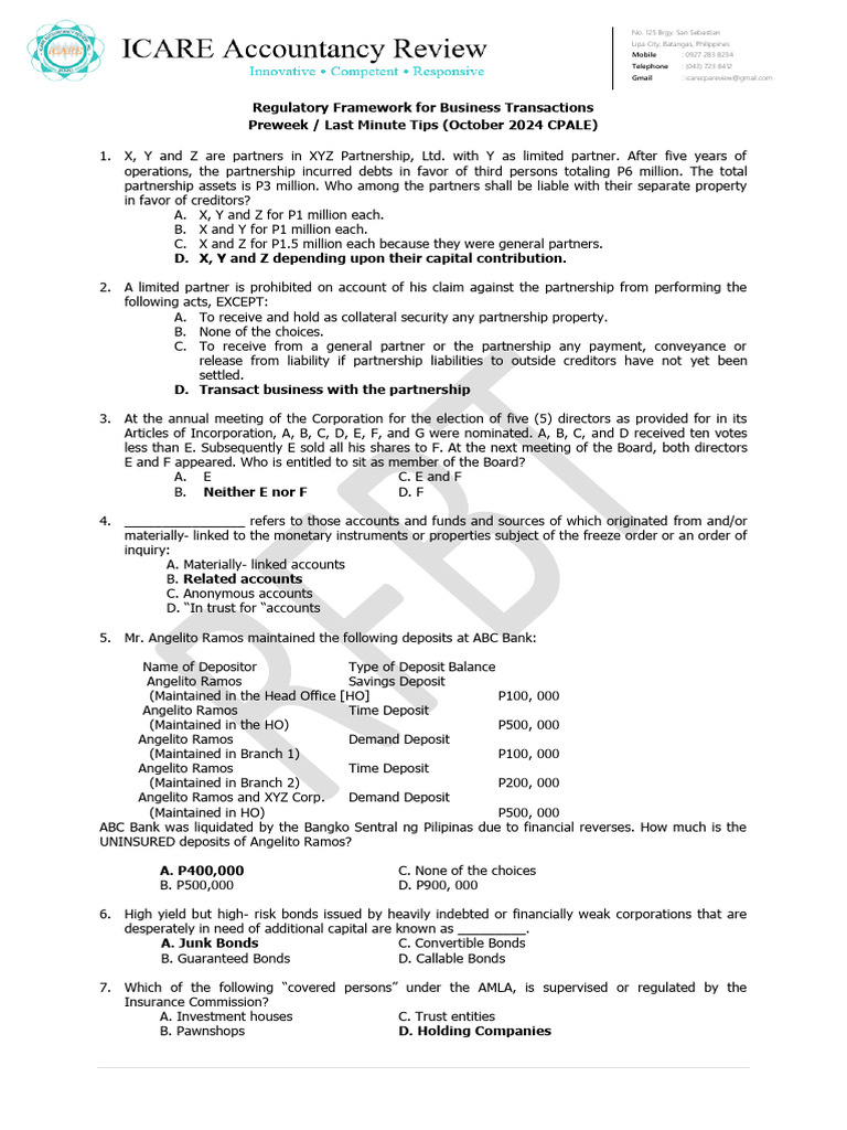 WITH ANSWERS RFBT 09 Preweek October 2024 | PDF | Partnership | Indemnity