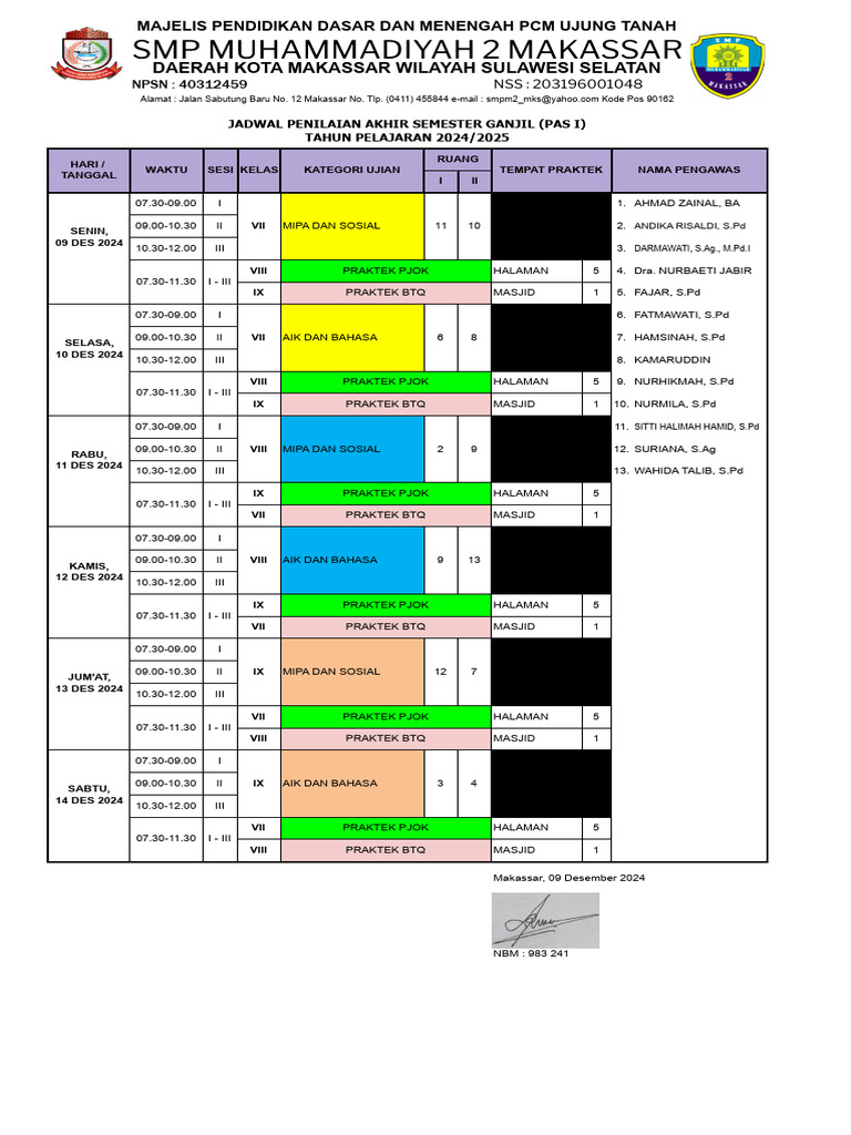 Jadwal Ujian S.ganjil Tp. 2024-2025 SMP Muhida - Jadwal | PDF