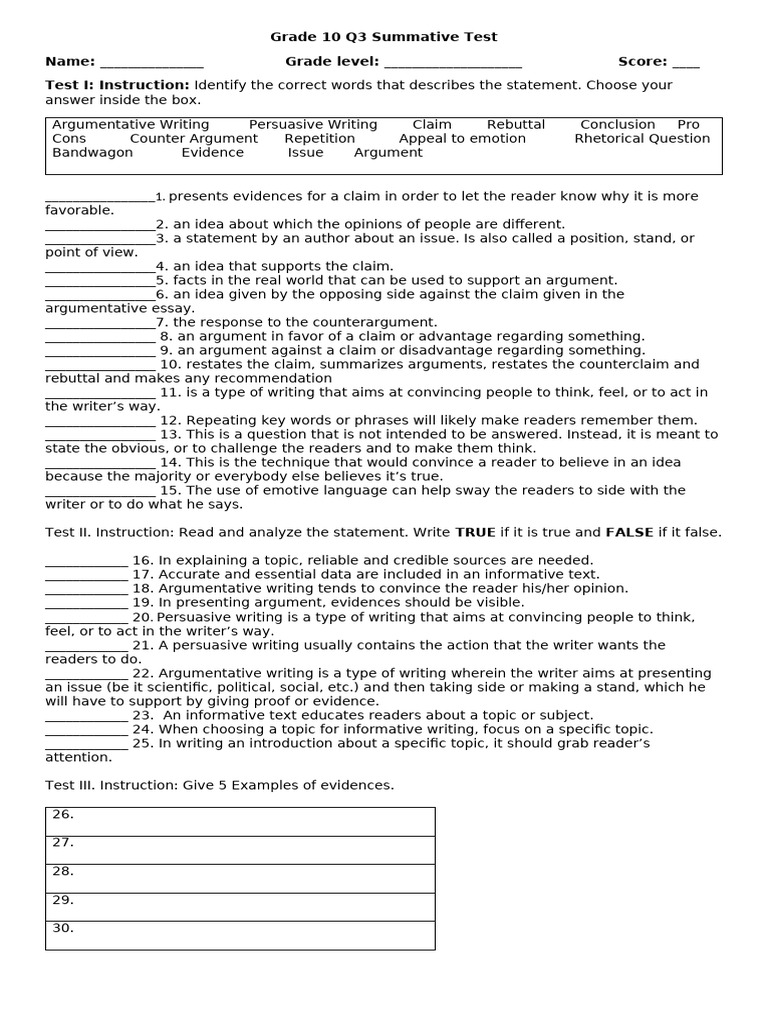 Grade 10 Argumentative Writing Test | PDF | Argument | Human Communication