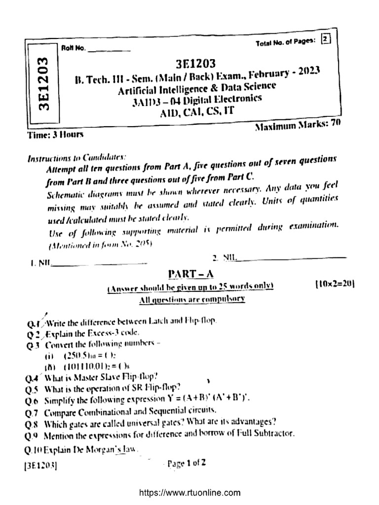 Btech Cs It 3 Sem Digital Electronics 3e1203 Feb 2023 | PDF