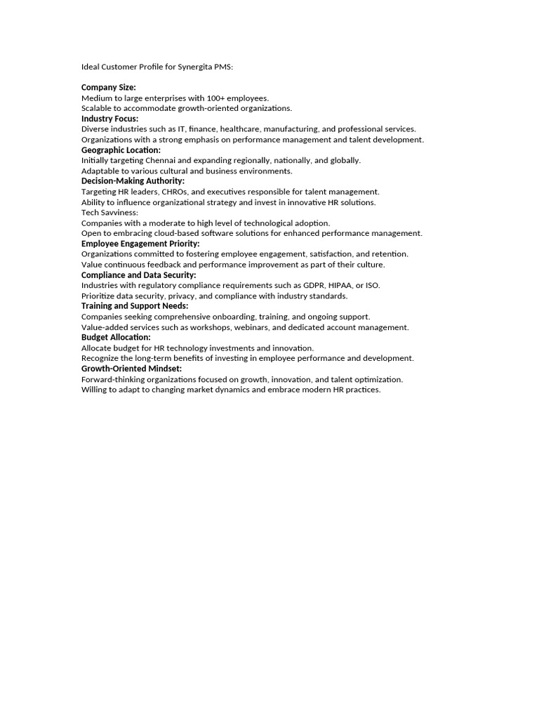 Ideal Customer Profile For Synergita PMS | PDF