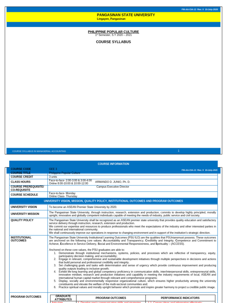 GEE3 Phil. Pop Culture Syllabus | PDF | Communication | Mindset