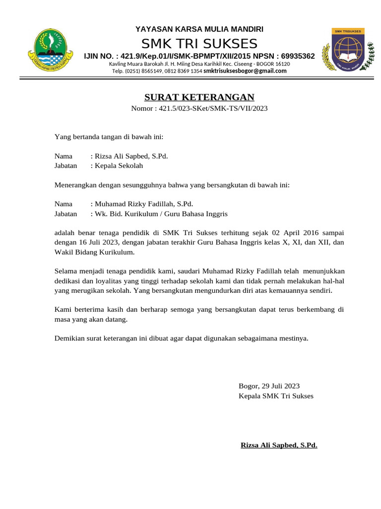 Surat Paklaring Kerja Pak Rizky | PDF