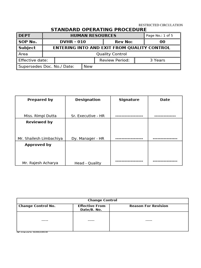 Dvhr-010 Procedure For Entering Into & Exit From Quality Control Once ...