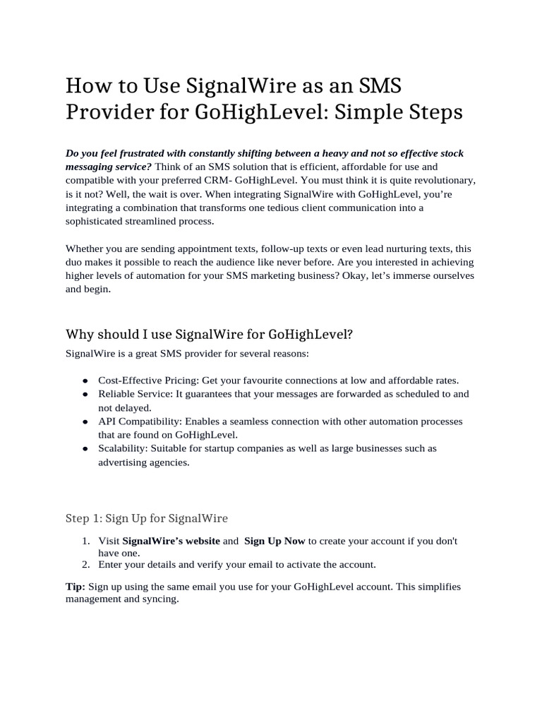 How To Use SignalWire As An SMS Provider For GoHighLevel - Simple Steps | PDF | Mobile Marketing ...