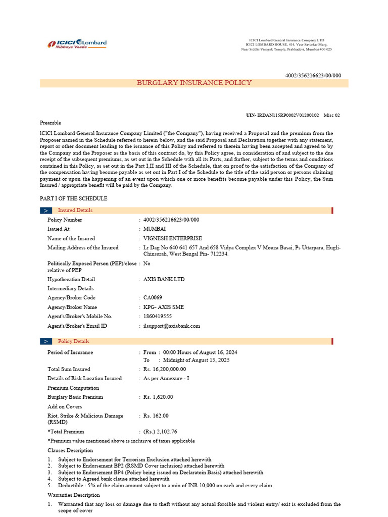 Vignesh Enterprise - Burglary | PDF | Insurance | Burglary