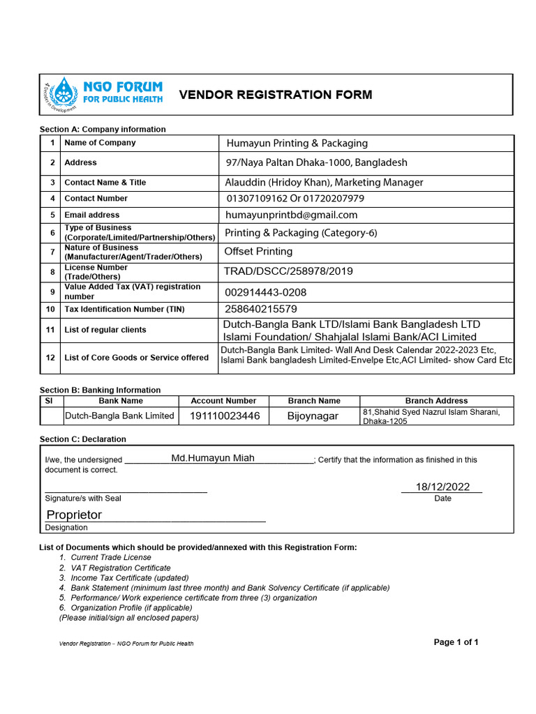 Vendor Registration Form - 1667713195 222222 | PDF
