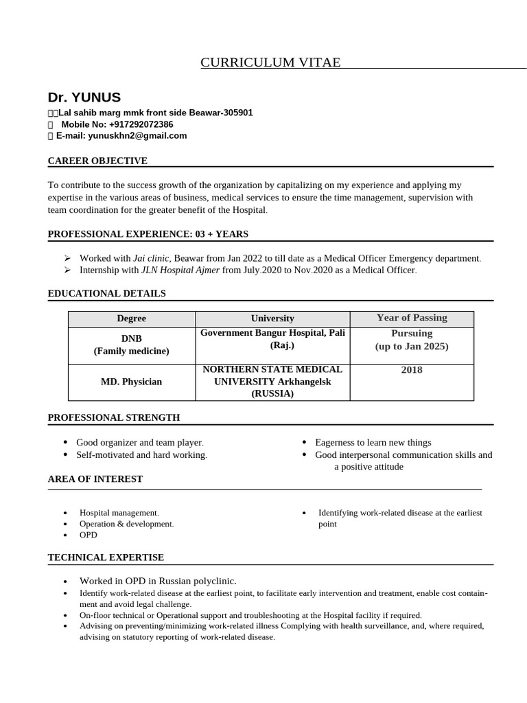DR - Yunus Curriculum Vitae | PDF | Hospital | Physician