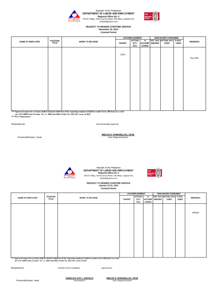 Template For Ot Request | PDF | Overtime | Industrial Relations