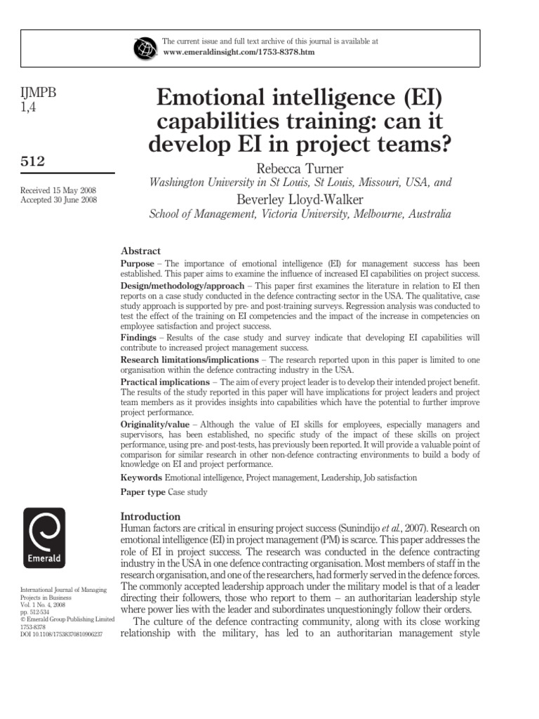 EI Capabilities Training Can It Develop EI in Project Teams | PDF ...