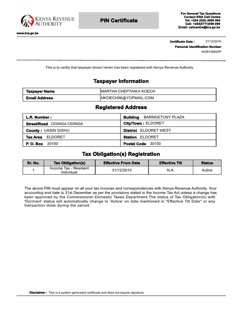 KRA PIN Certificate for Taxpayer Registration | PDF | Taxes ...