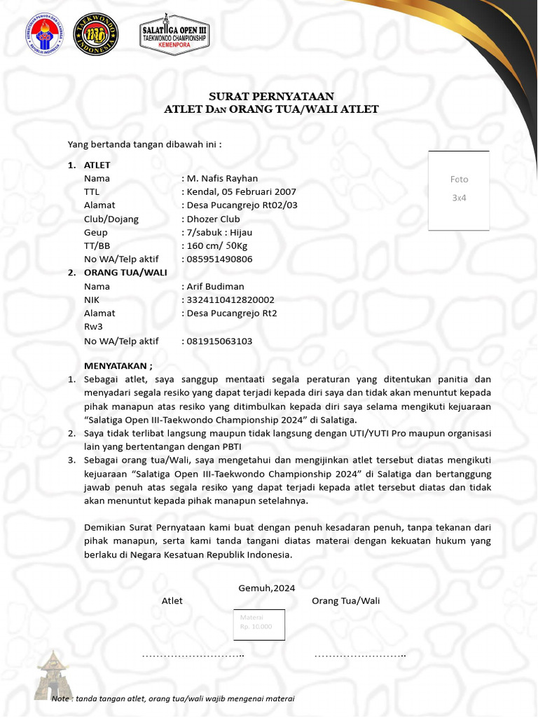Surat Pernyataan Atlet Ortu New | PDF