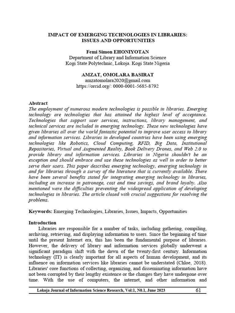 Impact+of+Emerging+Technologies+In+Libraries+Issues+And+Opportunities (1) | PDF | Libraries ...