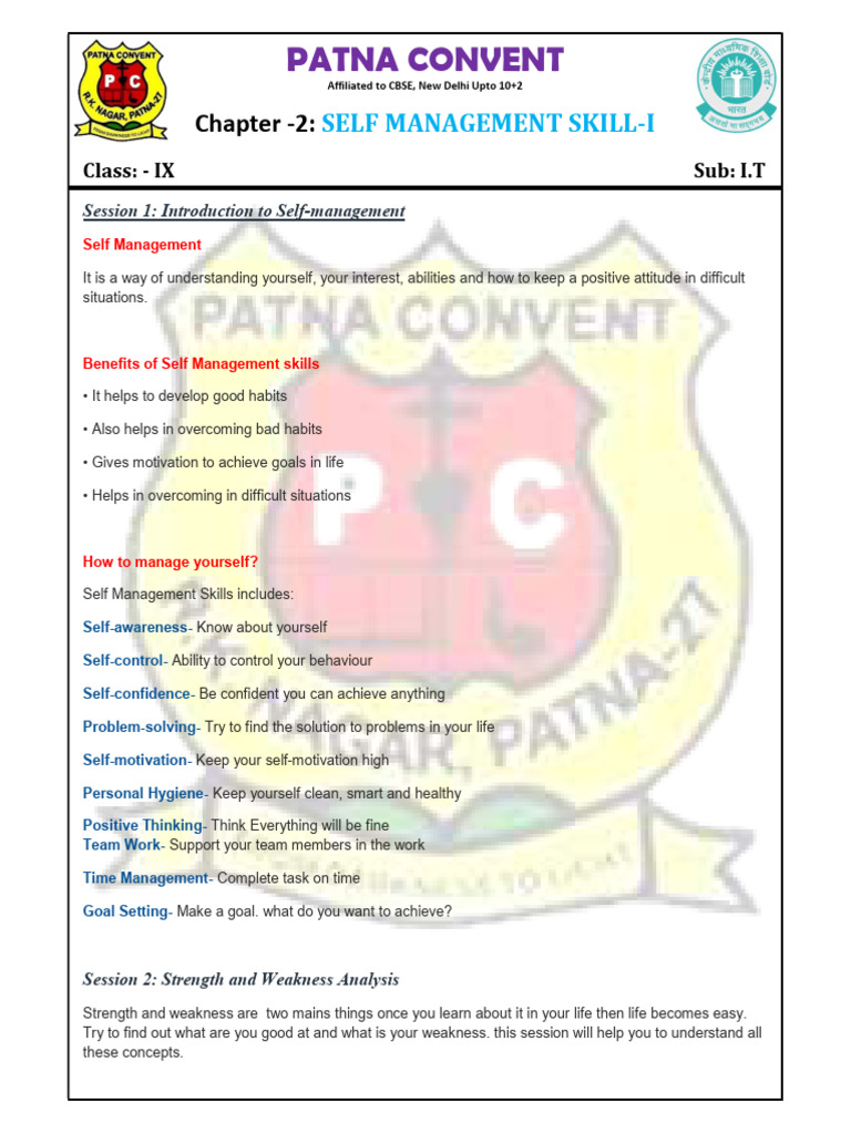 Ch-2 Self Management Skill-I I.T Class-9 | PDF | Psychology | Cognition