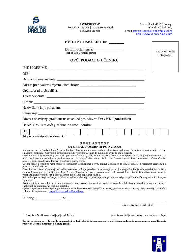 Evidencijski List Ucenika 2 | PDF