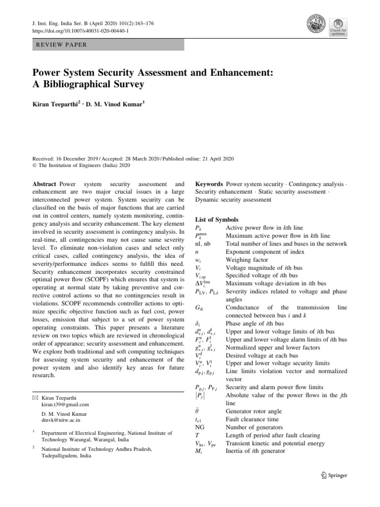 Power System Security Assessment And Enhancement A Bibliographical Survey Pdf Artificial
