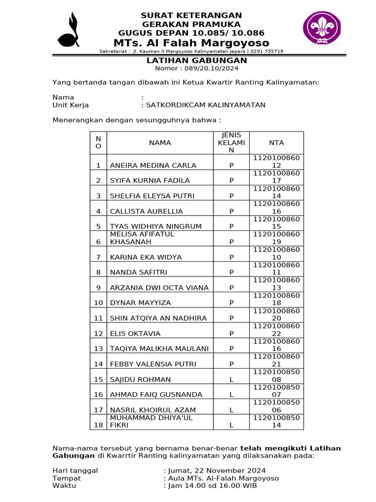 SURAT KETERANGAN KWARTIR RANTING Dari Alfalah | PDF