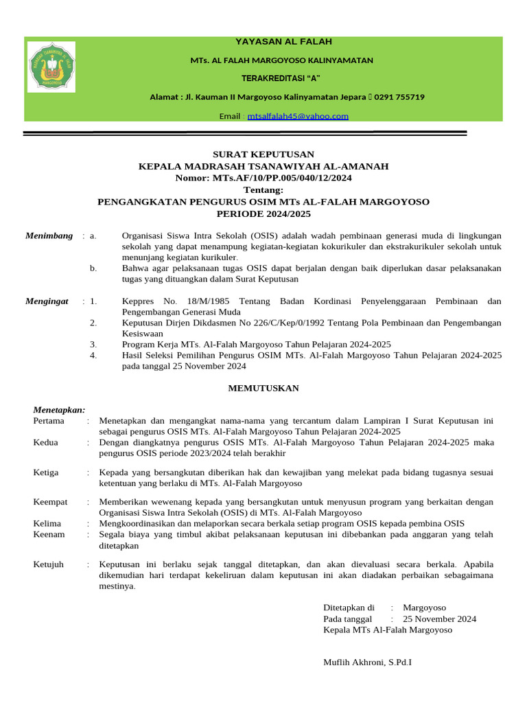 Pengangkatan Pengurus OSIM MTs Al-Falah 2024 | PDF