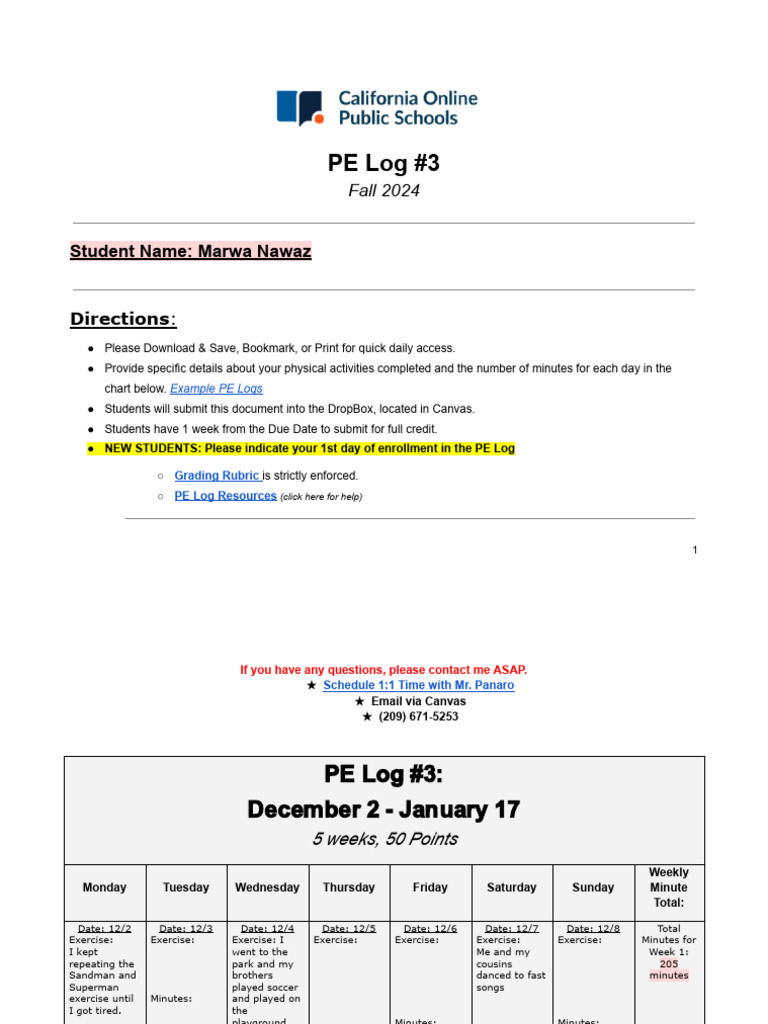 PE Log #3: Fall 2024 Activity Tracker | PDF