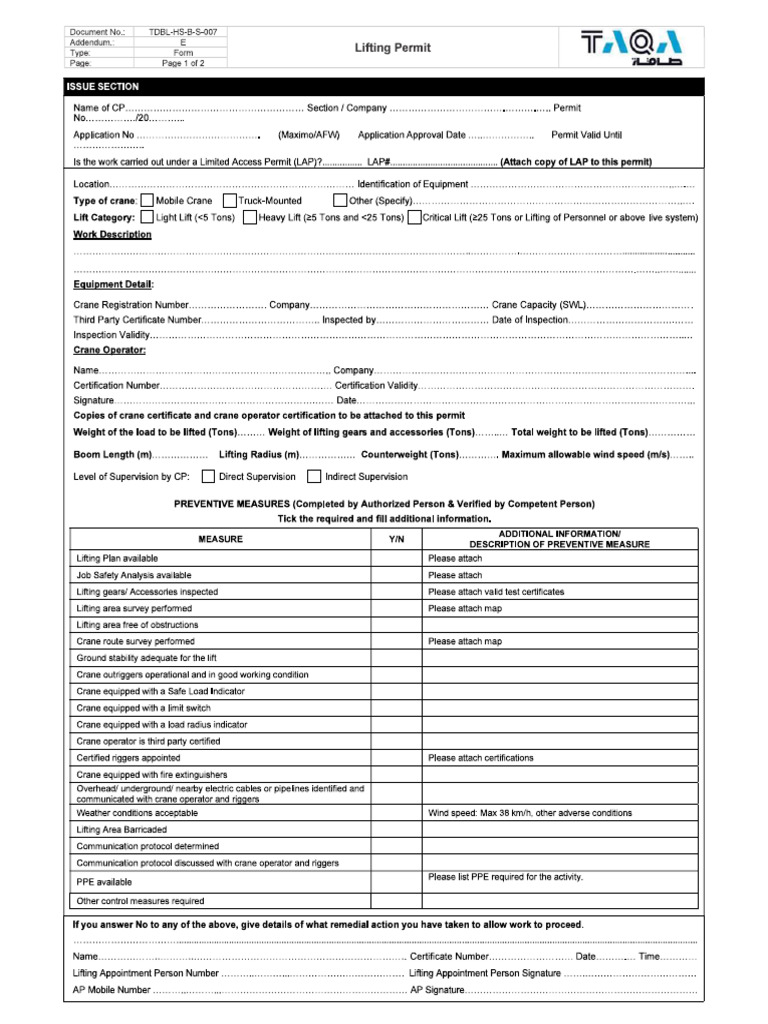 CPD Lifting Permit | PDF