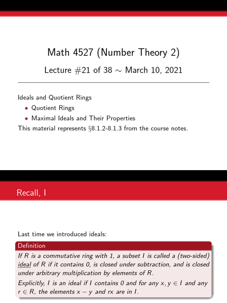 4527 Lecture 21 Ideals and Quotient Rings | PDF | Ring (Mathematics) | Algebra