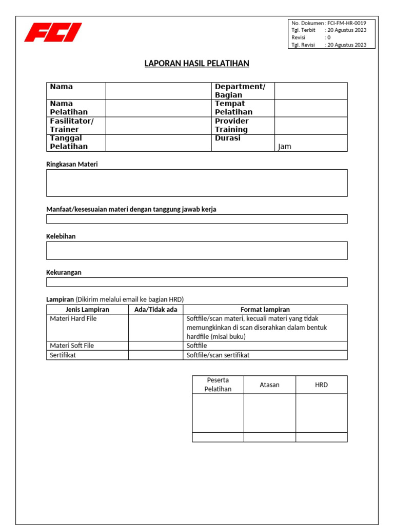 FCI-FM-HR-0019 FORM LAPORAN HASIL PELATIHAN | PDF