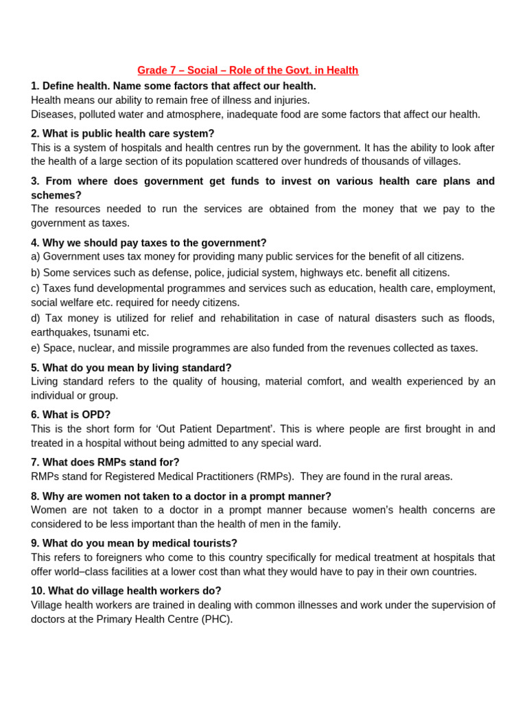 Grade 7 - Civics - Role of The Govt. in Health | PDF | Health ...