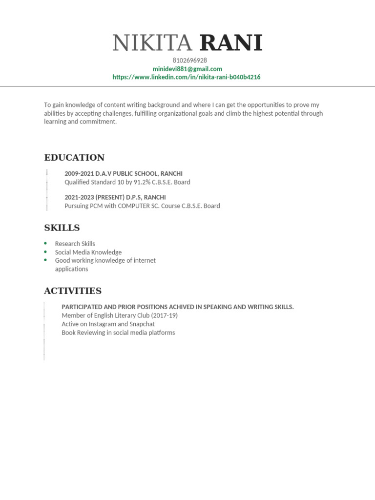 Nikita Rani Content Writing Resume-2 | PDF