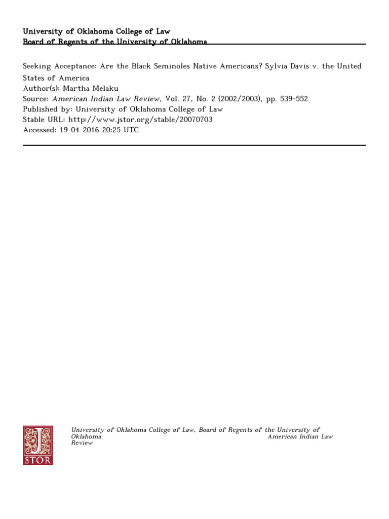 Are The Black Seminoles Native Americans Sylvia Davis v. The United ...