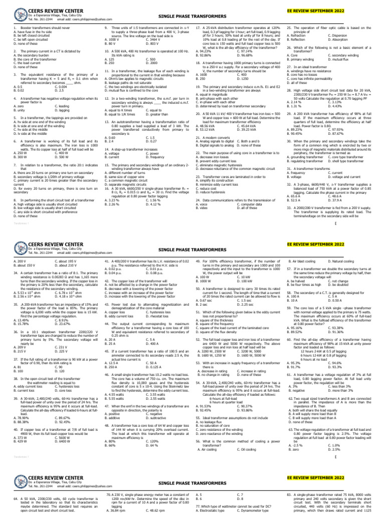 Practice Problems - Transformers 1 - No Answer | PDF | Transformer | Electrical Impedance
