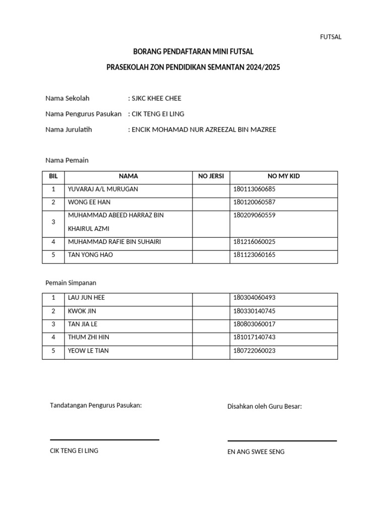 Pendaftaran Mini Futsal Pra sekolah 2024 | PDF