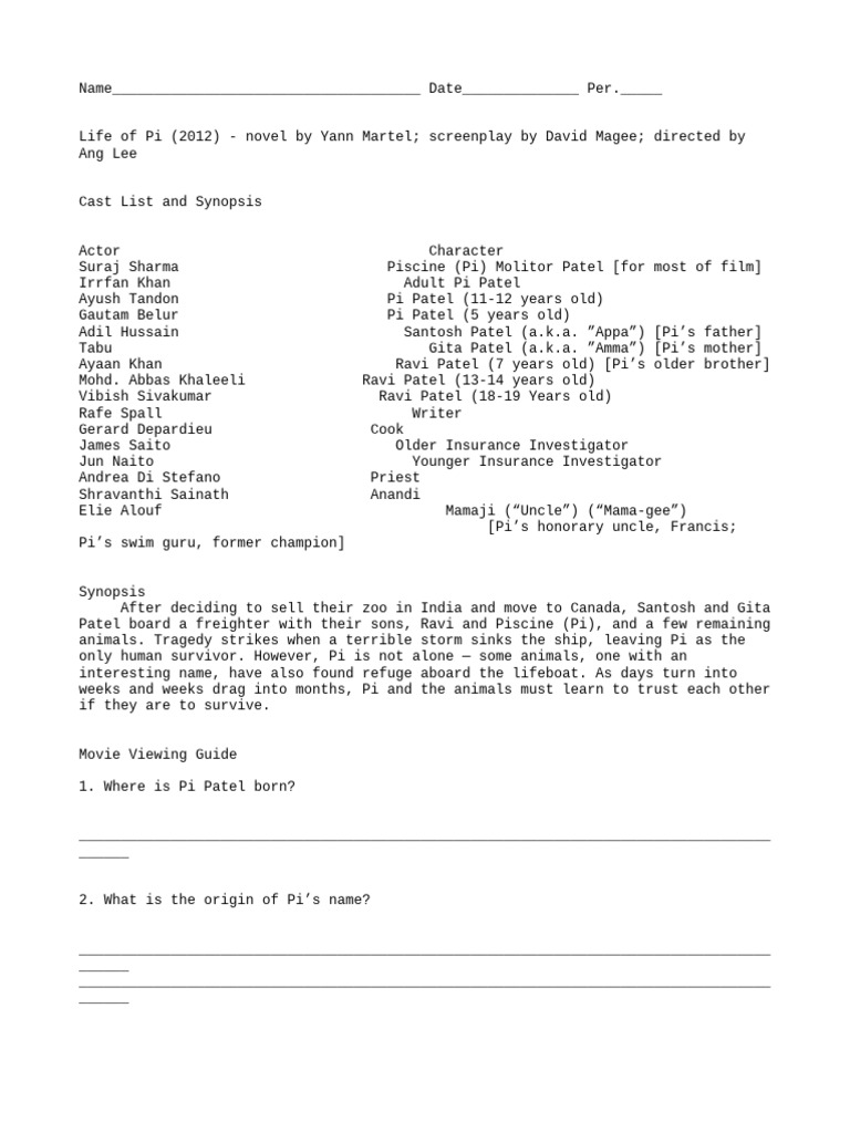 1 - Life of Pi Movie Viewing Guide 2025-26 | PDF
