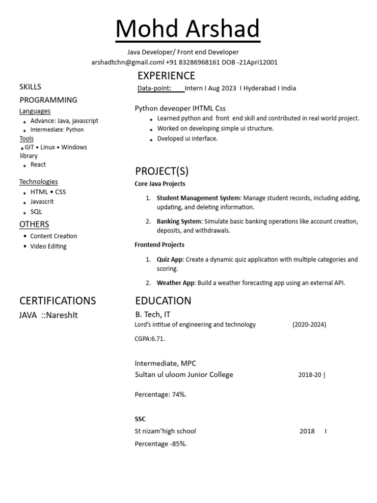 Java Developer Resume - Mohd Arshad | PDF