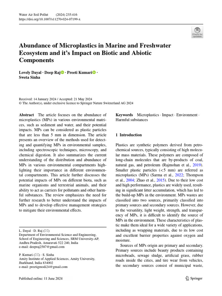 Abundance of Microplastics in Marine and Freshwater Ecosystem and it’s Impact on Biotic and ...
