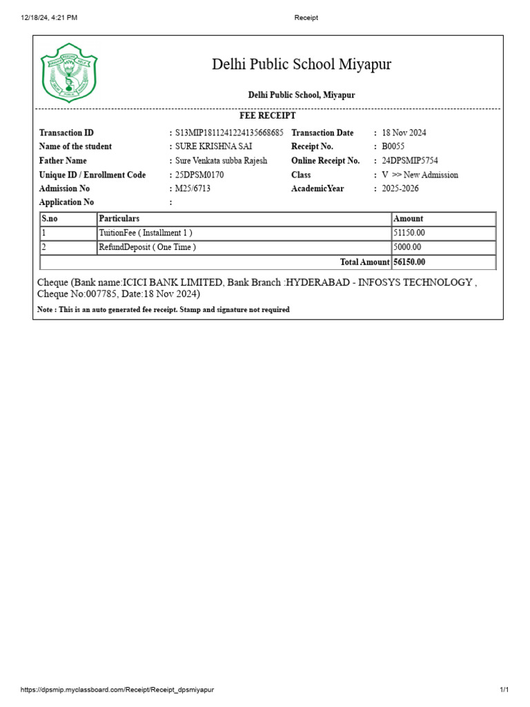 DPS Miyapur Fee Receipt for Admission | PDF