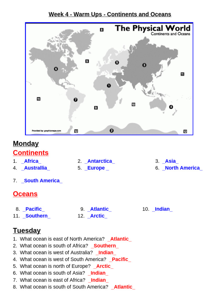 ) Fficial of Week 4 - Warm Ups - Continents and Oceans (2023) | PDF
