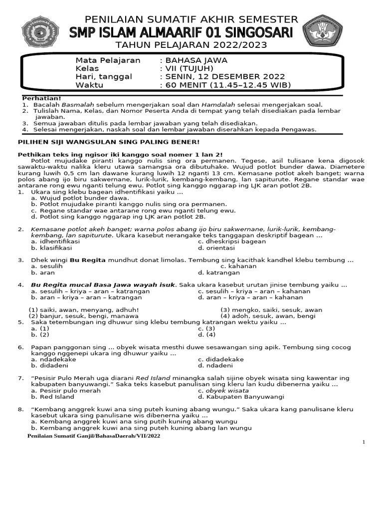 Naskah Soal Bader Vii Pas Ganjil 2022-2023 | PDF
