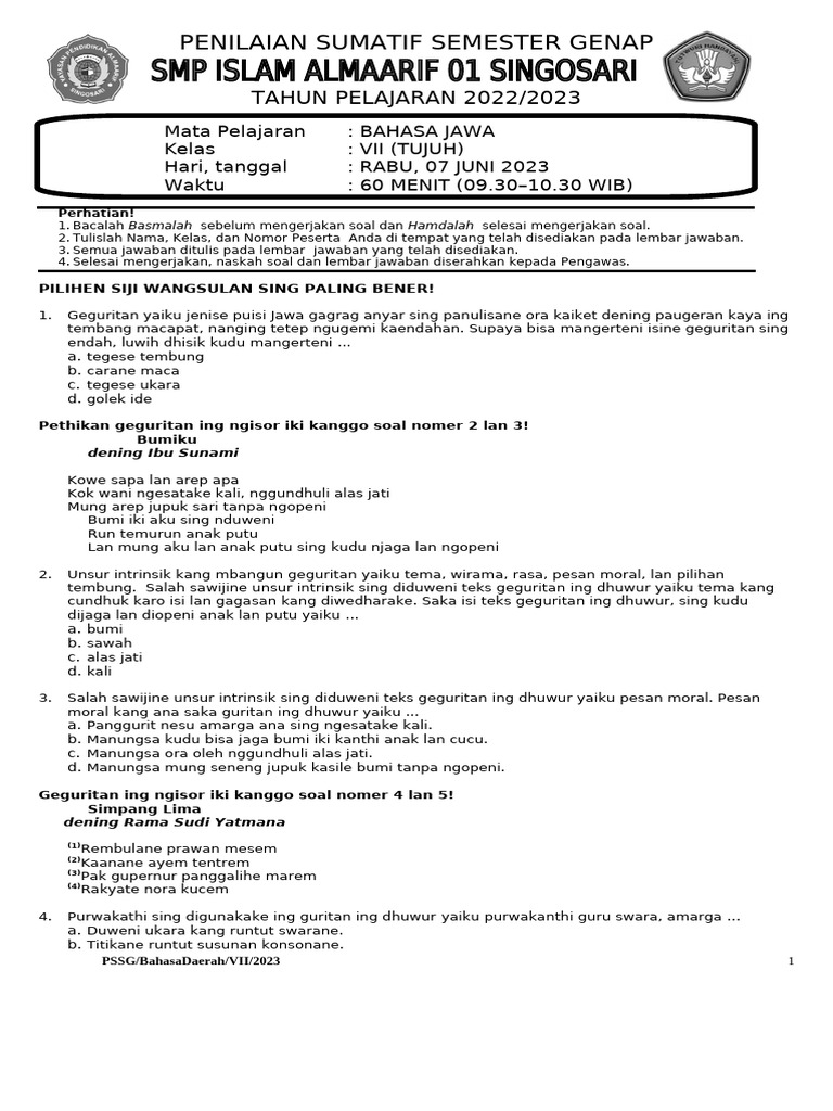 Naskah Soal PPSG Vii Bader 2022-2023 | PDF