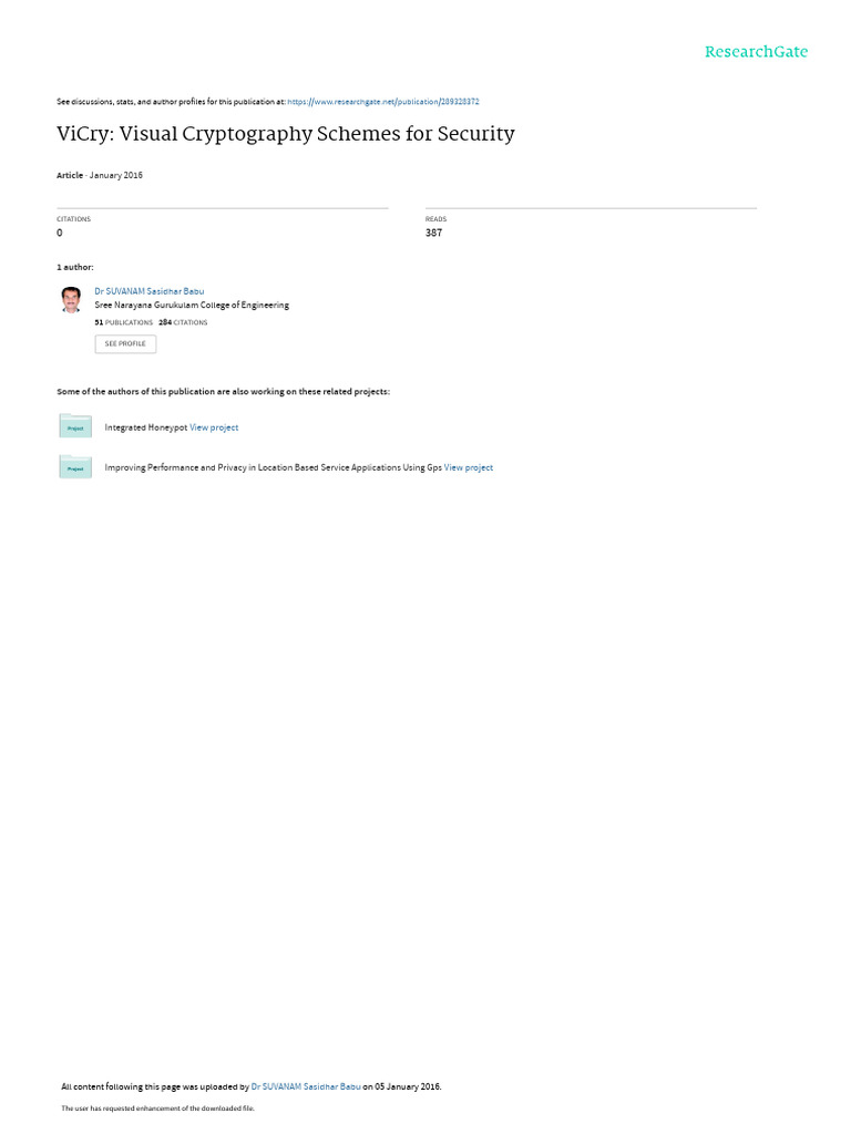 Vicry: Visual Cryptography Schemes For Security: January 2016 | PDF | Cryptography | Computing