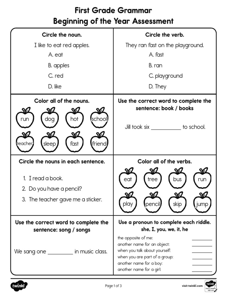 First Grade Beginning of The Year Grammar Assessment | PDF | Noun | Verb